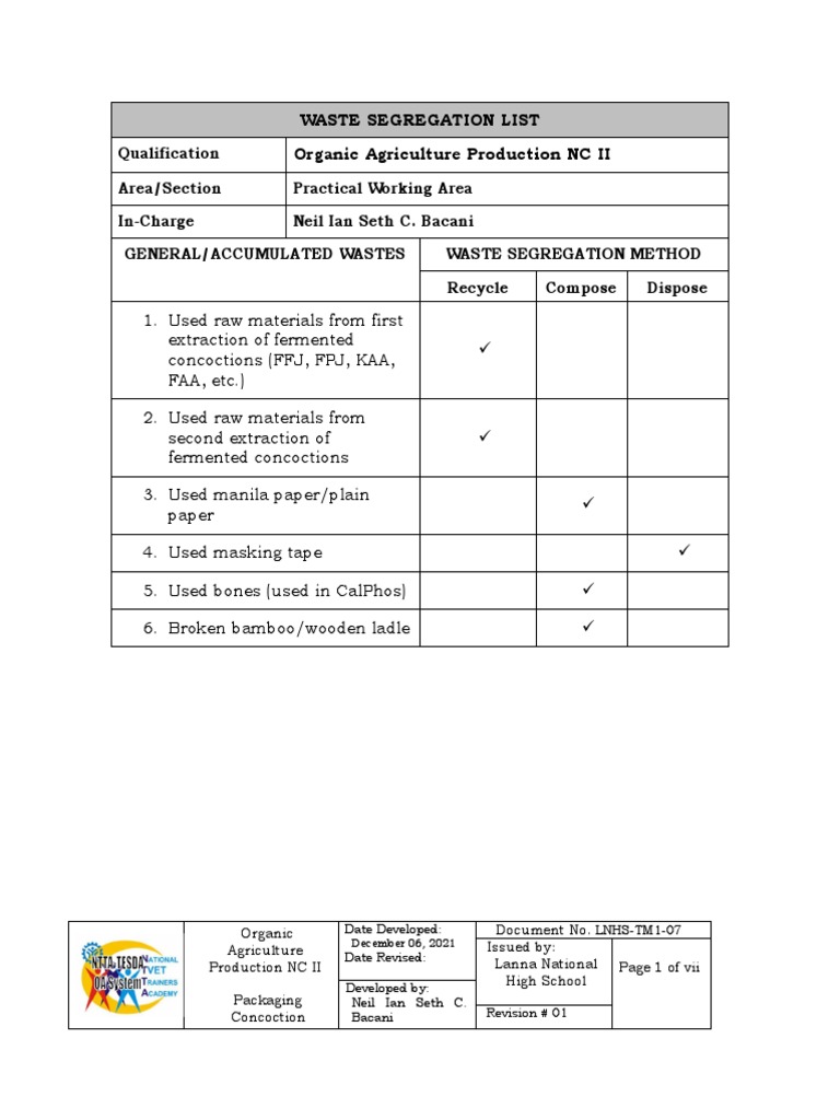Form 1. 8 - Waste Segregation List | PDF