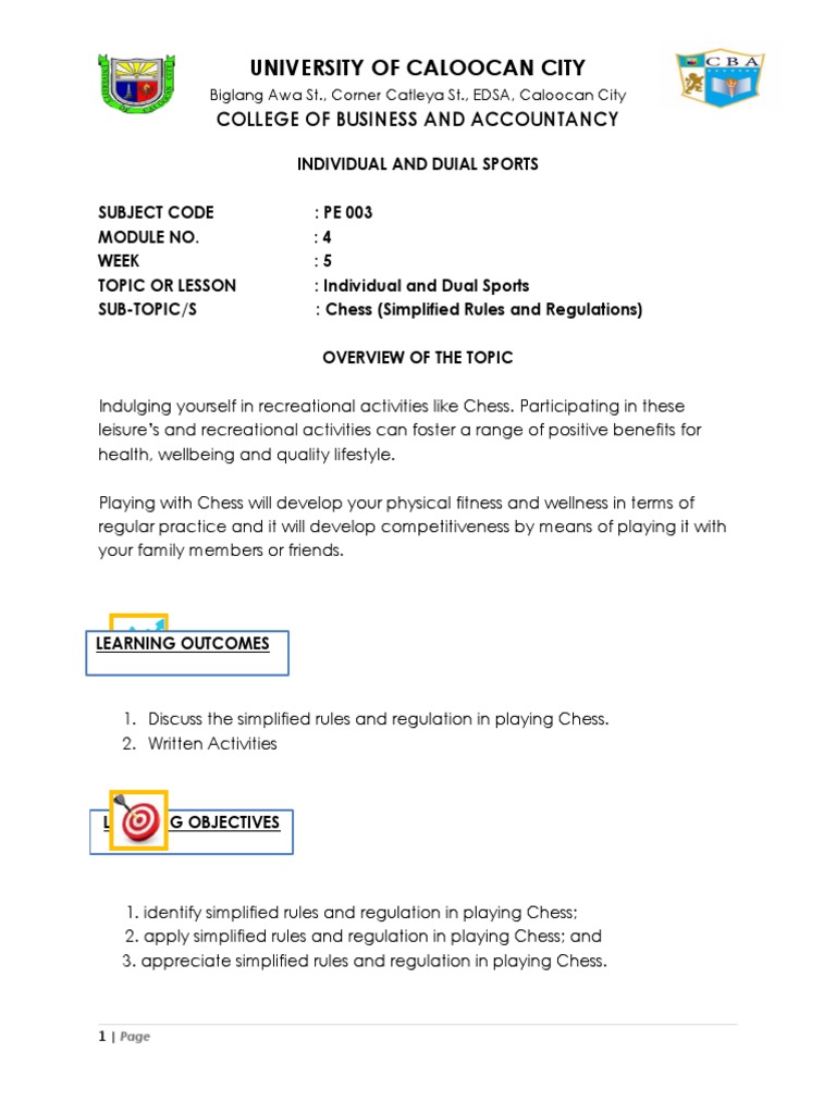 PE003 CBA Module 4 Week 5 Chess Simplified Rules and Regulations 1 ...