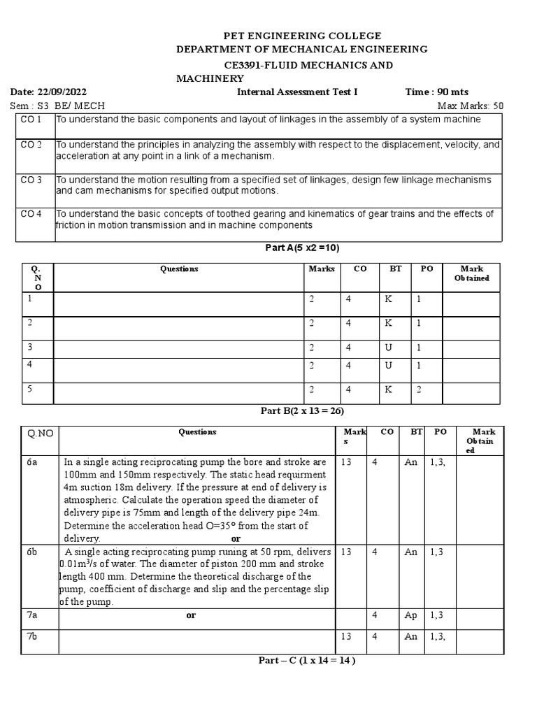 Fluid Mechanics Assessment Test S3 MECH | PDF | Machines | Pump