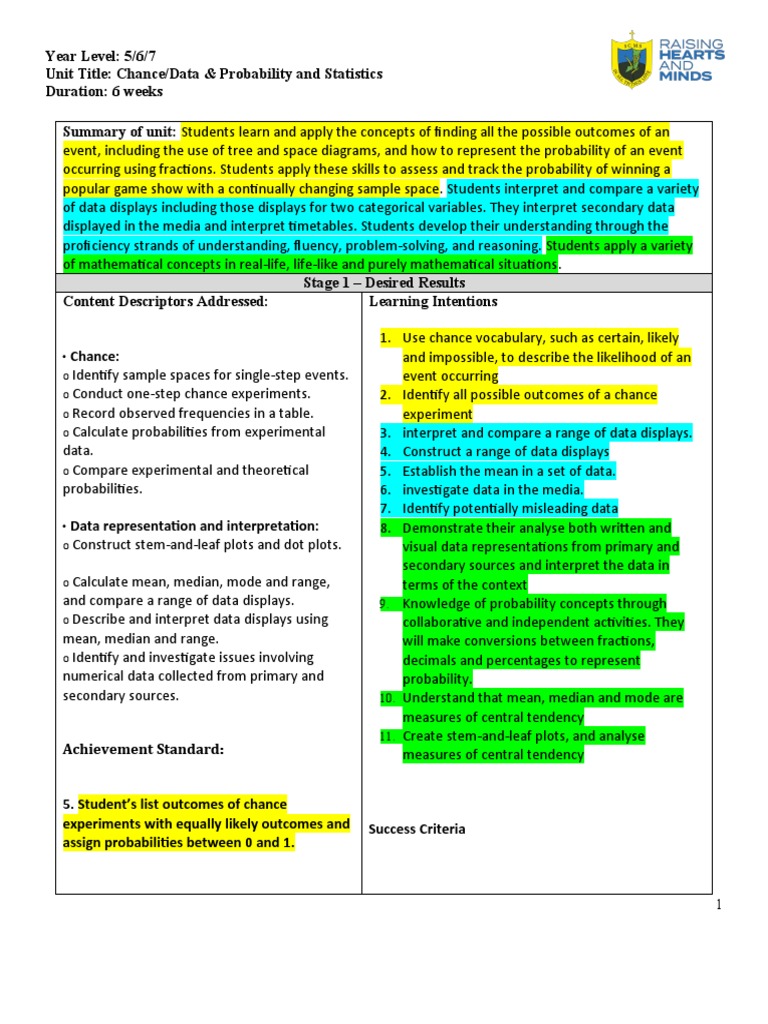 Chance and Data Unit Plan | Download Free PDF | Mean | Median