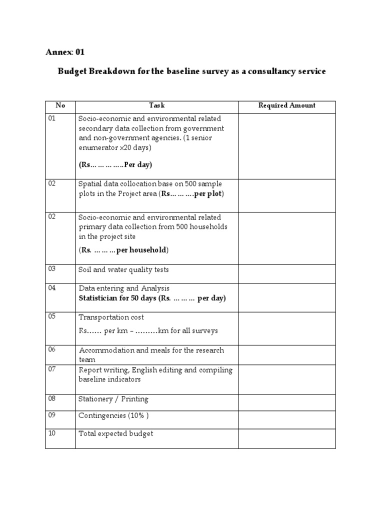 Budget Breakdown for Baseline Survey | PDF