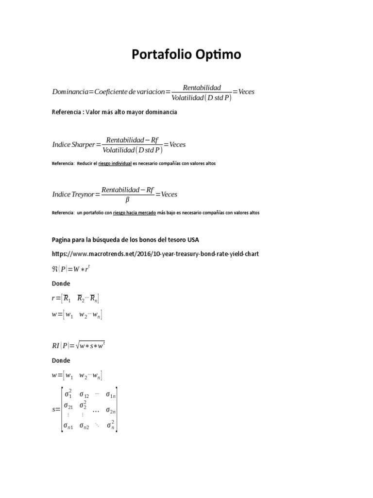 Portafolio Optimo (Formulas) | PDF | Matemáticas Aplicadas | Análisis ...