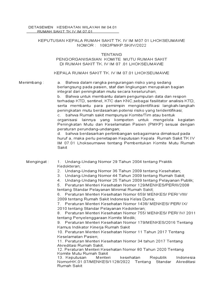 SK Pengorganisasian Komite Mutu Rumah Sakit | PDF