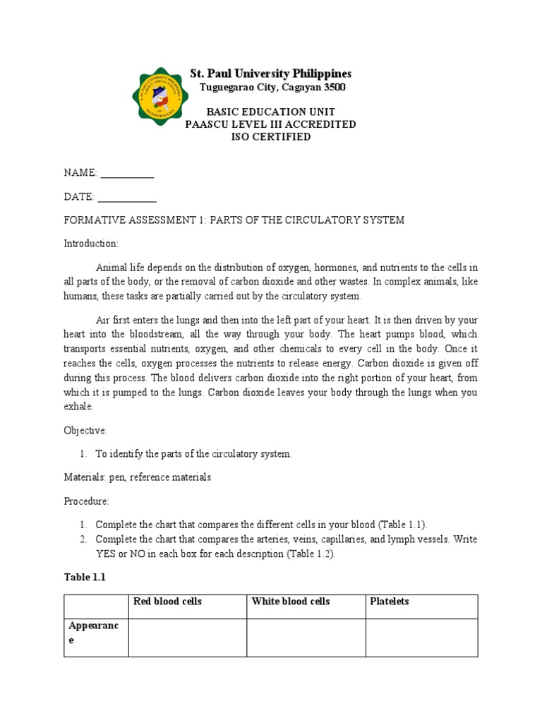 Formative Assessment-Circulatory System | PDF | Science & Mathematics