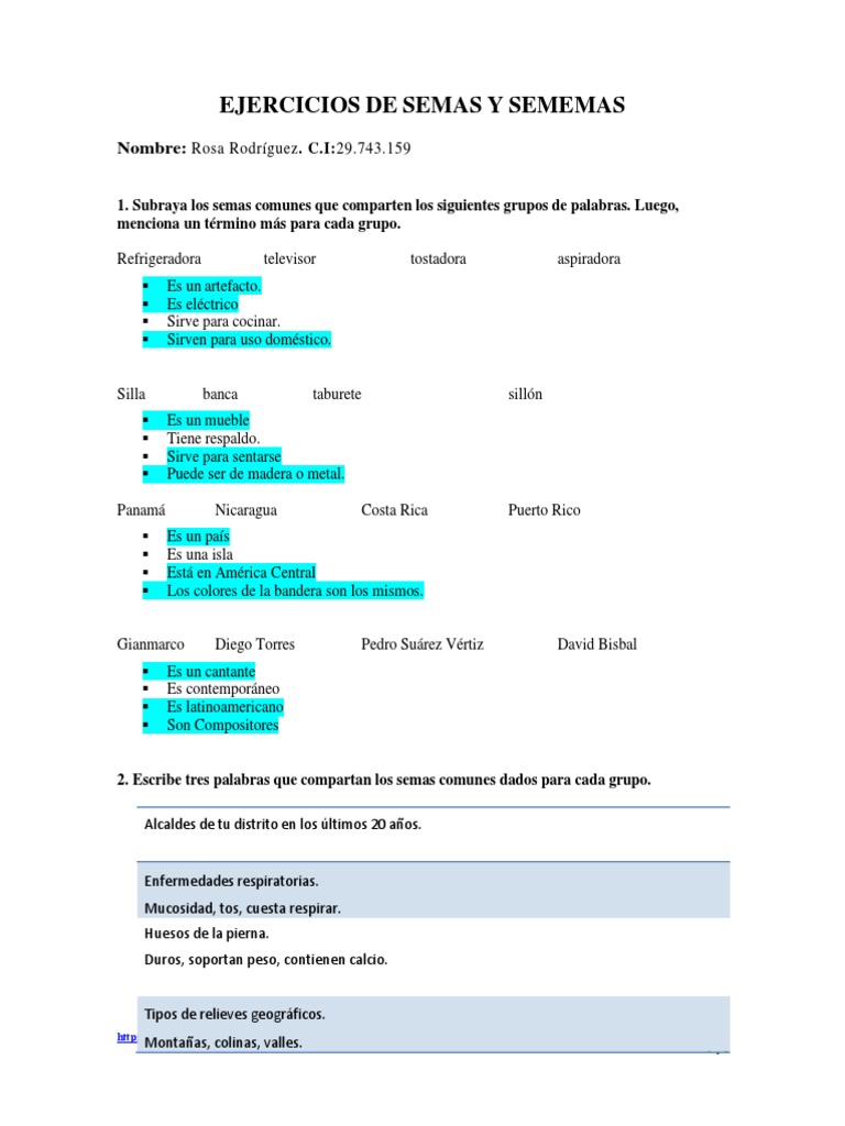 Semas y Sememas Ejercicios PDF - Linguistica | PDF