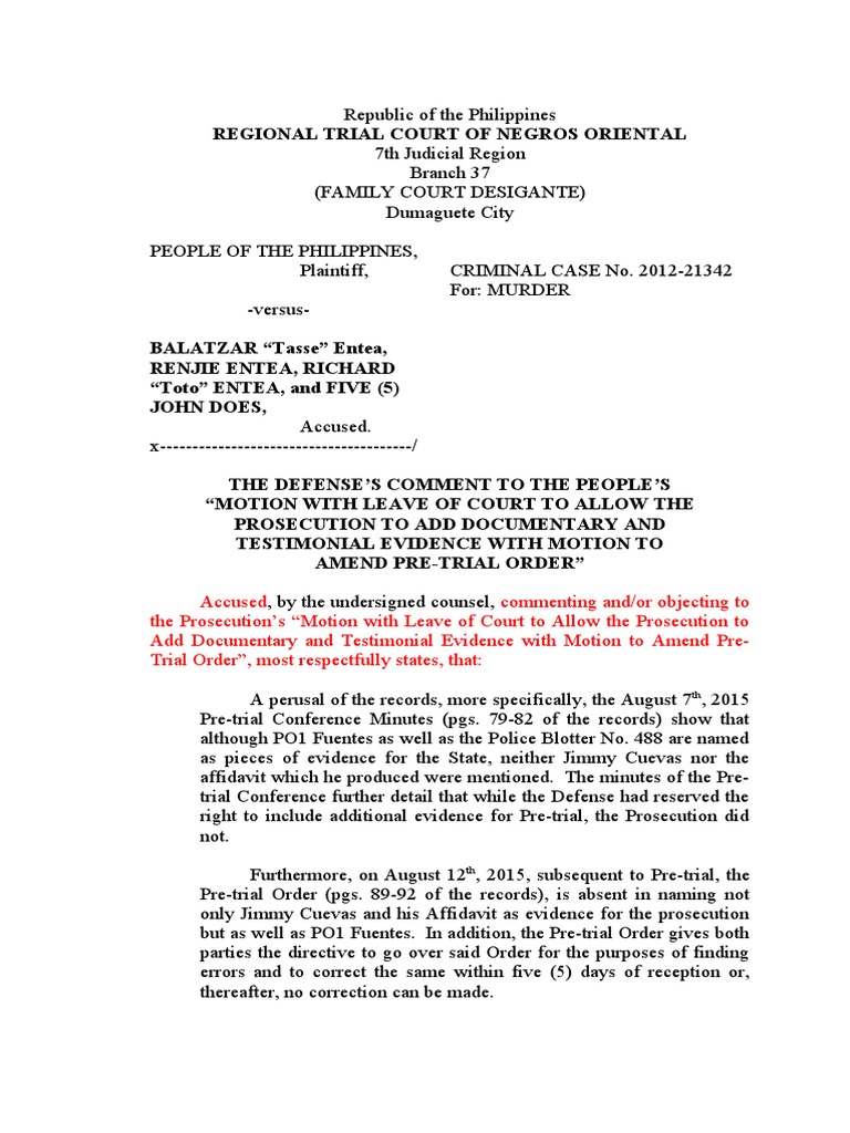 Sample Comment On Motion To Add Evidence (With Editing) | PDF | Trials ...