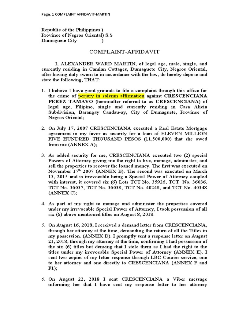 Sample Complaint Affidavit | PDF | Affidavit | Common Law