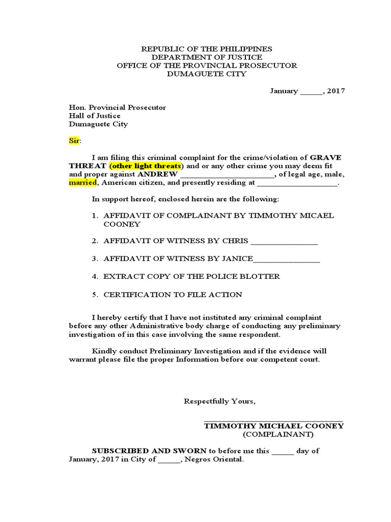 Sample Criminal Complaint Cover Letter | PDF