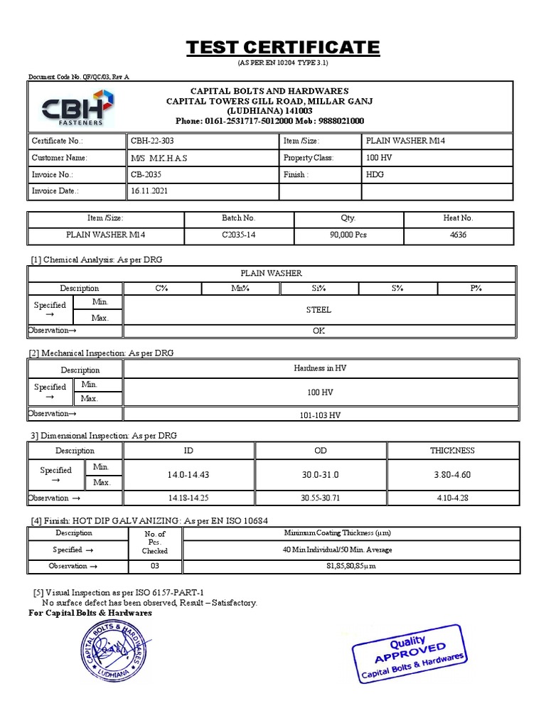 CBH-22-303 Plain Washer M14 4.6 Self | PDF | Washer (Hardware ...