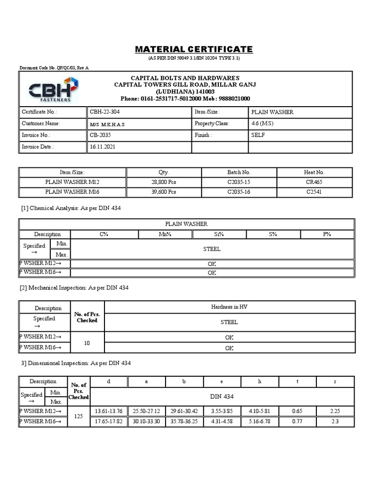 CBH-22-304 Plain Washer Din 434 M12, 16 Self | PDF | Washer (Hardware ...