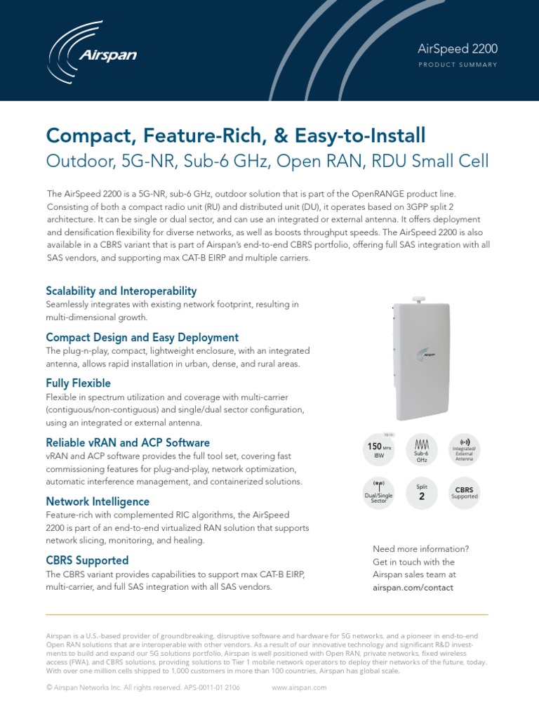 Airspan Product Summary AirSpeed 2200 OpenRANGE - APS 0011 01 | PDF ...