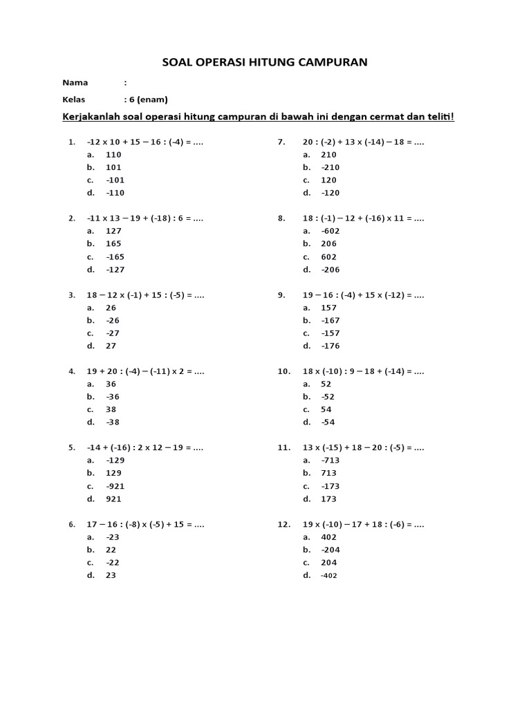 Operasi Hitung Campuran Bilangan Bulat Positif Dan Negatif Level 2 | PDF