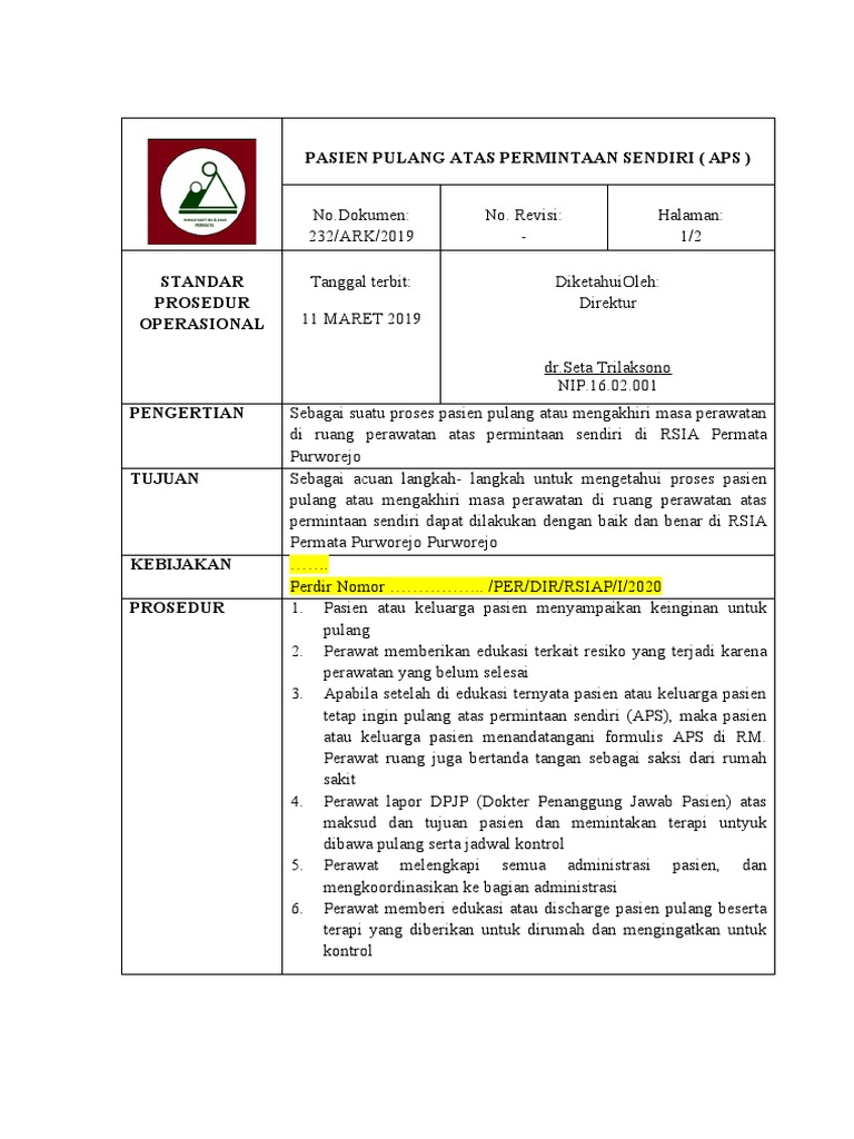 Fix Spo Pasien Pulang Atas Permintaan Sendiri (Aps) | PDF