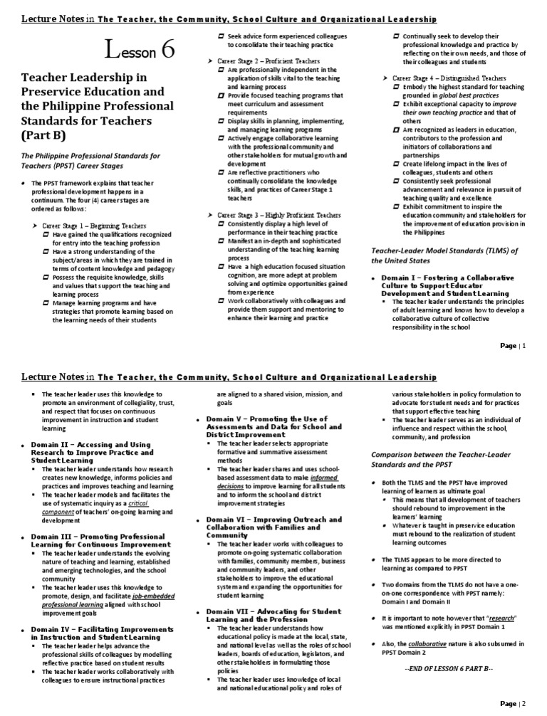 5B Lecture Notes in The Teacher The Community School Culture and ...