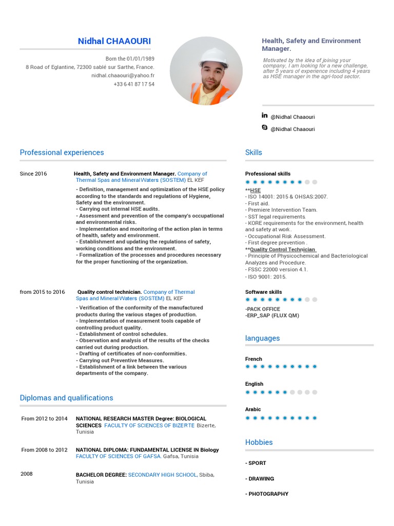 HSE Manager Resume: Nidhal Chaaouri | PDF | Safety | Occupational ...