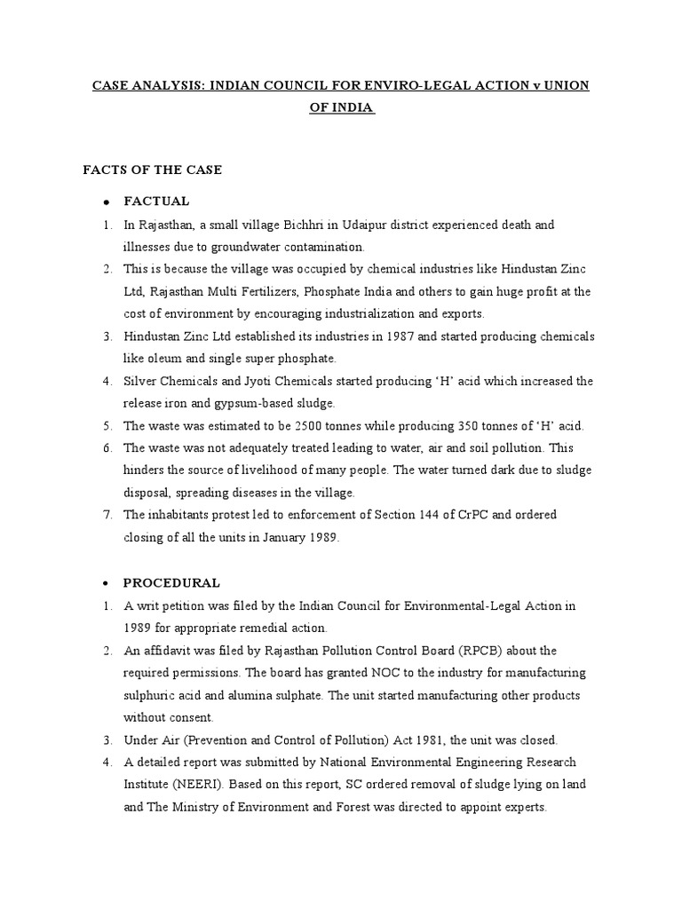 Case Analysis - Indian Council For Enviro-Legal Action Vs Union of India | PDF | Pollution ...