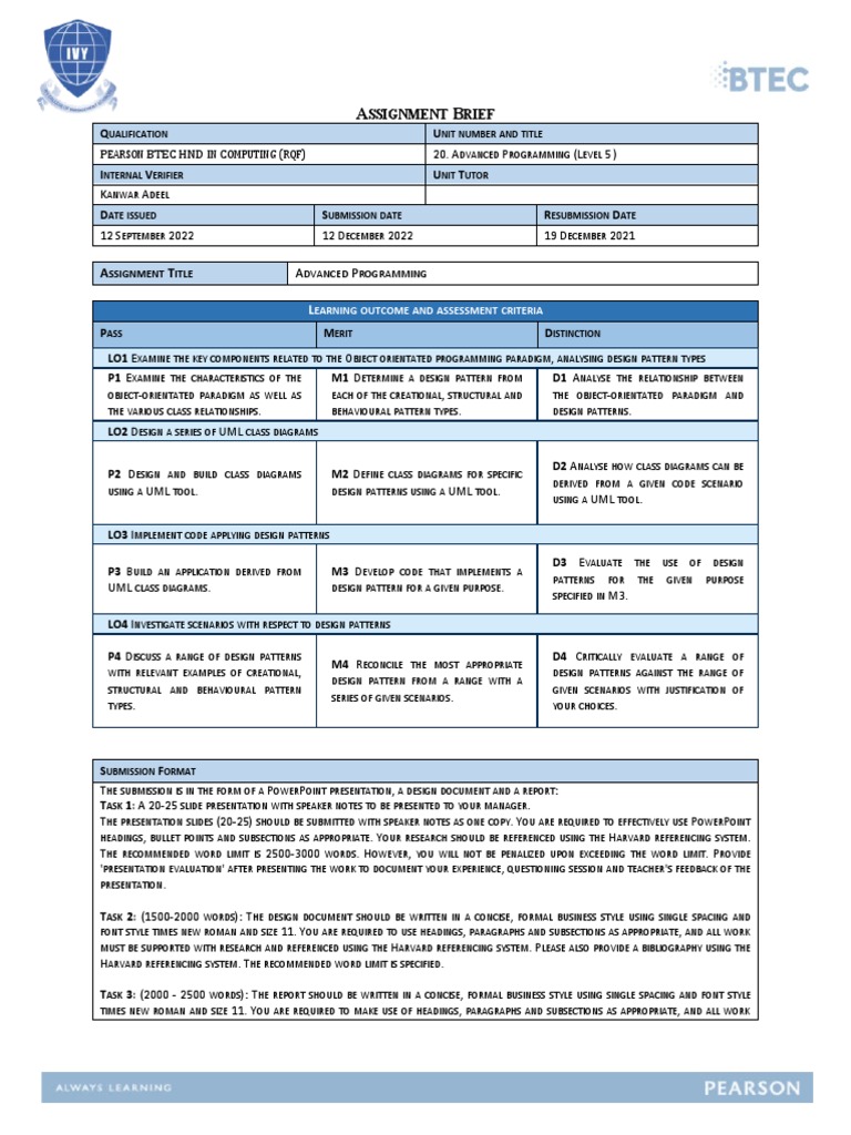Assignment Brief Unit 20 Advanced Programming Sep 2022 | PDF | Object Oriented Programming ...