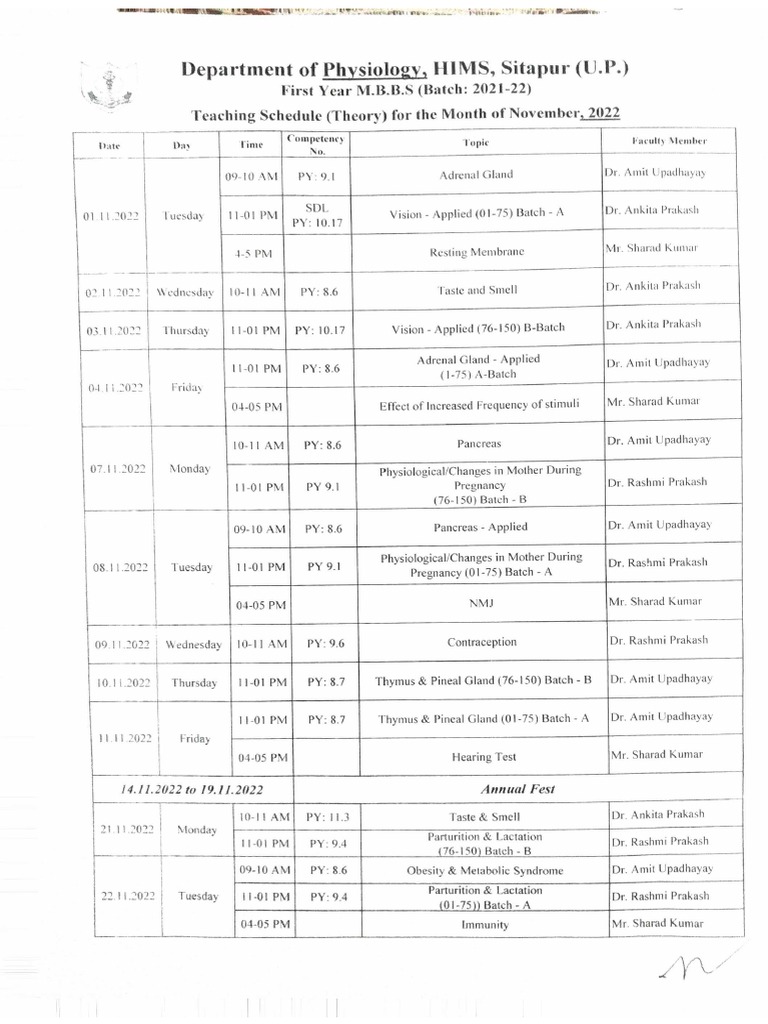 Teaching Schedule November 2022 | PDF