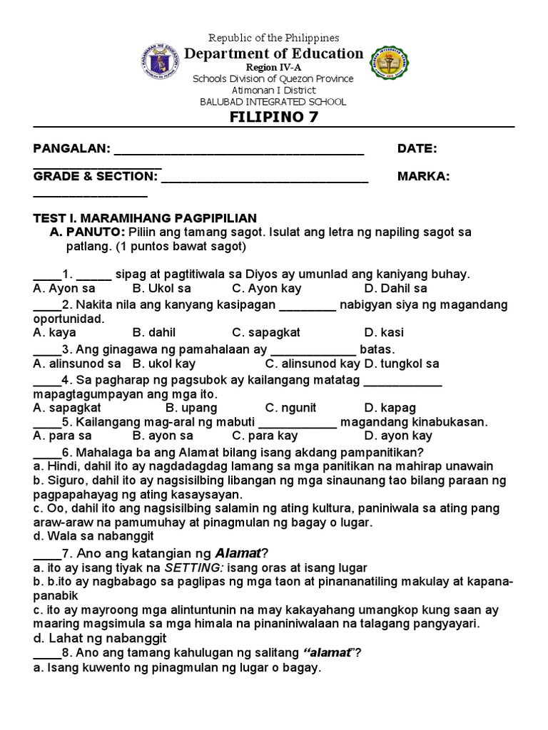 TQ Filipino 7 (Q1) | PDF