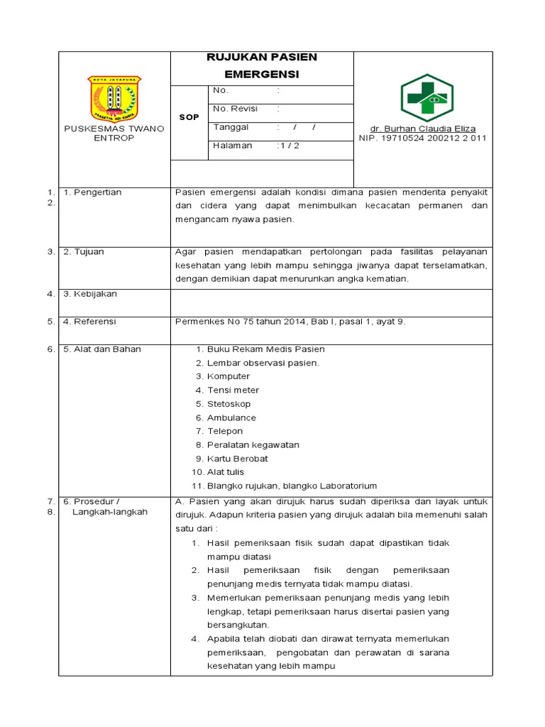 Contoh Form Rujukan Pasien Emergensi | PDF