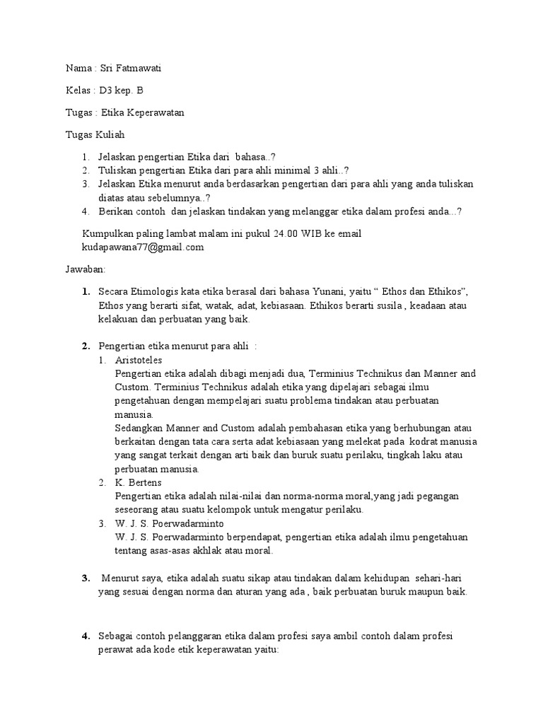 Tugas Kuliah Etika Kep. SRI FATMAWATI | PDF | Sains & Matematika