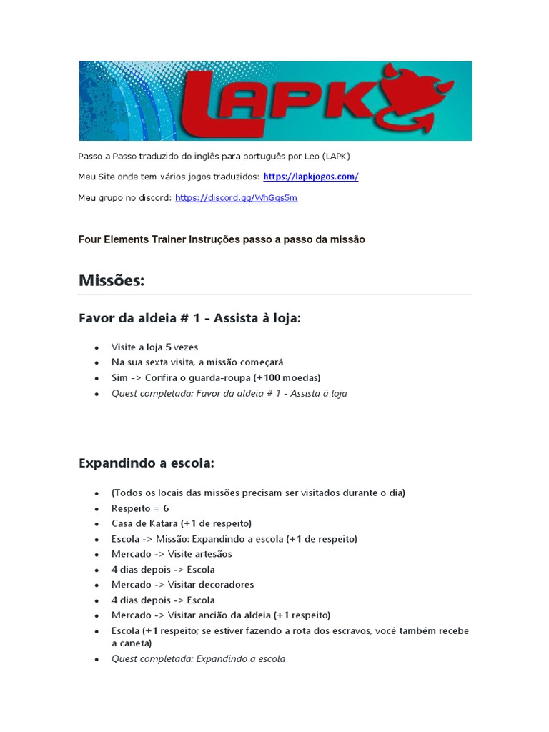 Instruções para Four Elements Trainer | PDF