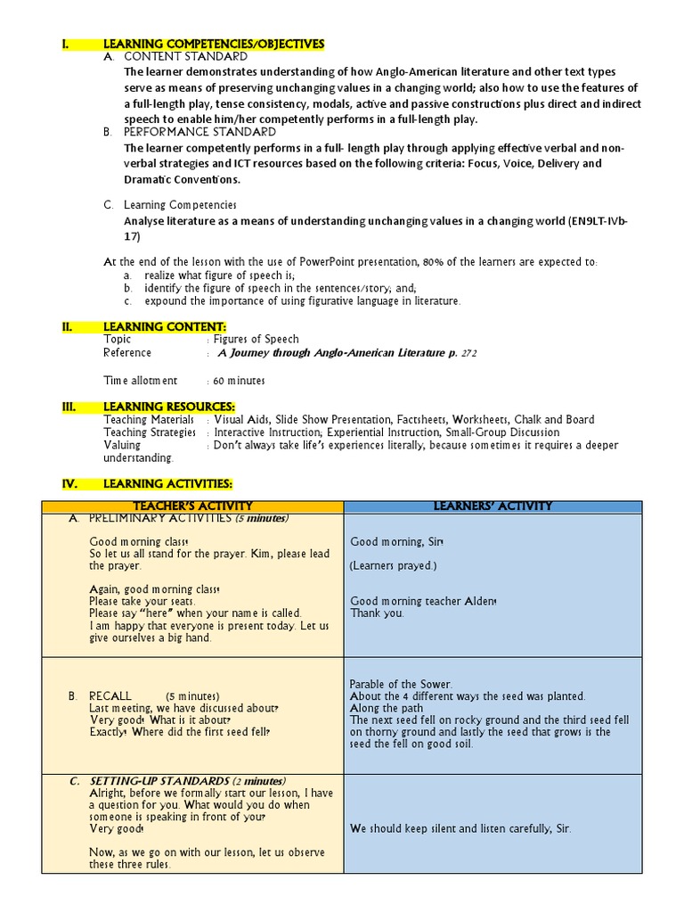 COT - English 9 Lesson Plan | PDF | Language Arts & Discipline ...