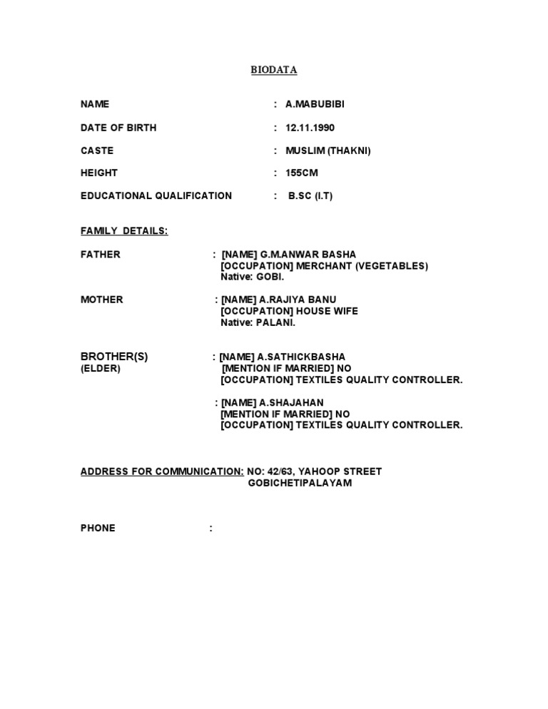 Biodata Format For Marriage | PDF | Labour | Employment