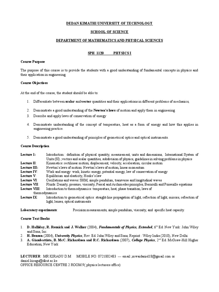 Course Outlines 2020 SPH 1120.............. XX | PDF | Newton's Laws Of Motion | Optics