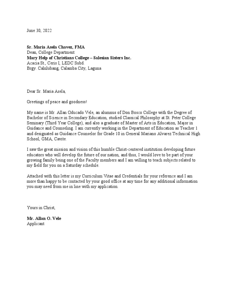 APPLICATION LETTER Revised | PDF | Wellness