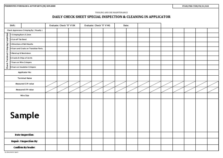 Daily Check Sheet Special Inspection & Cleaning N Applicator | PDF