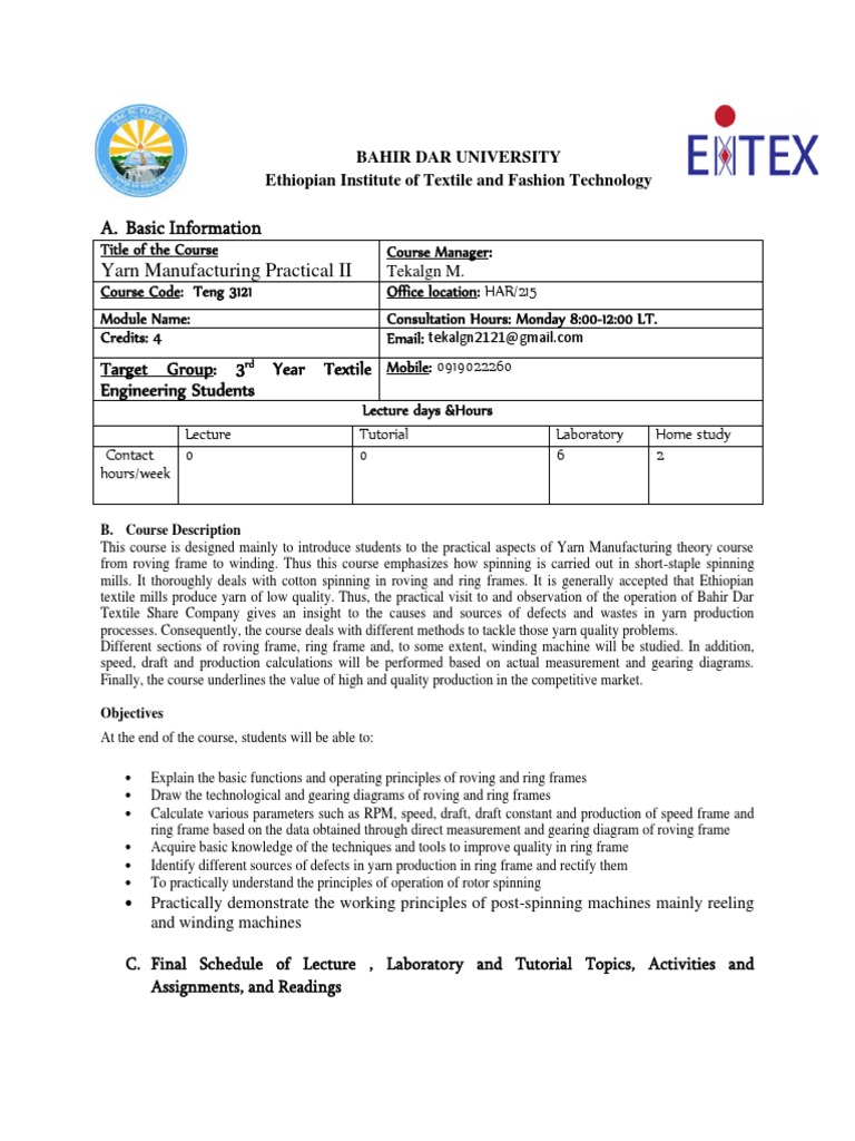 Yarn Manufacturing II Practical TED | PDF | Spinning (Textiles)