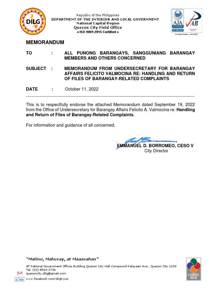 Memo Handling and Return of Filed of Barangay Related Complaints | PDF ...