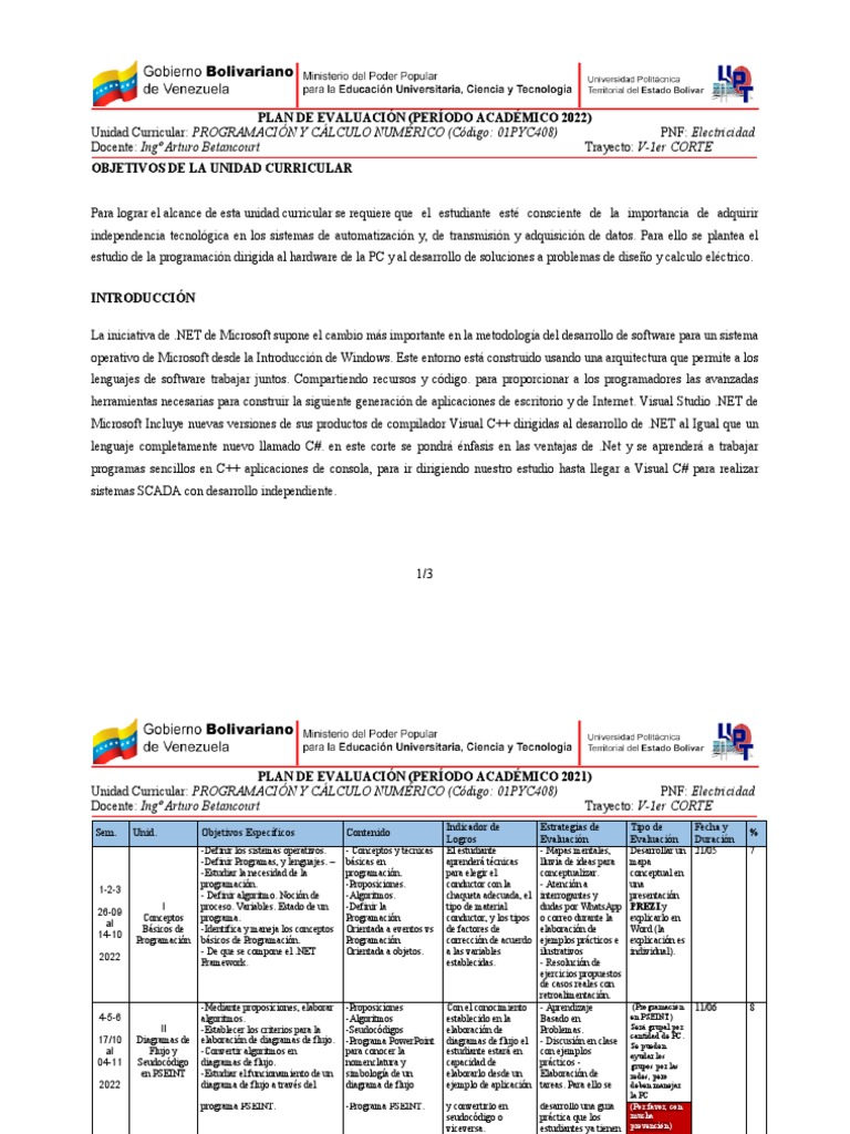 Plan de Eval PROGRAMACIÓN Y CÁLCULO NUMÉRICO - 1er C | PDF | .NET Framework | Programación de ...