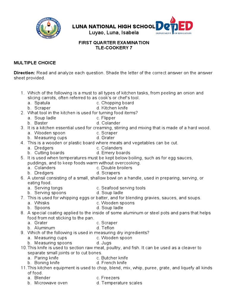 First Quarterly Exam | PDF | Kitchen Utensil | Spoon