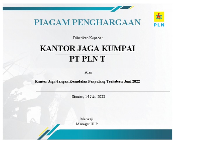 Piagam Penghargaan New 20 X 25 BILLER TERBAIKSSS PLN | PDF