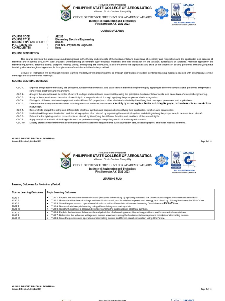 AE 213 Elementary Electrical Engineering | PDF | Engineering ...
