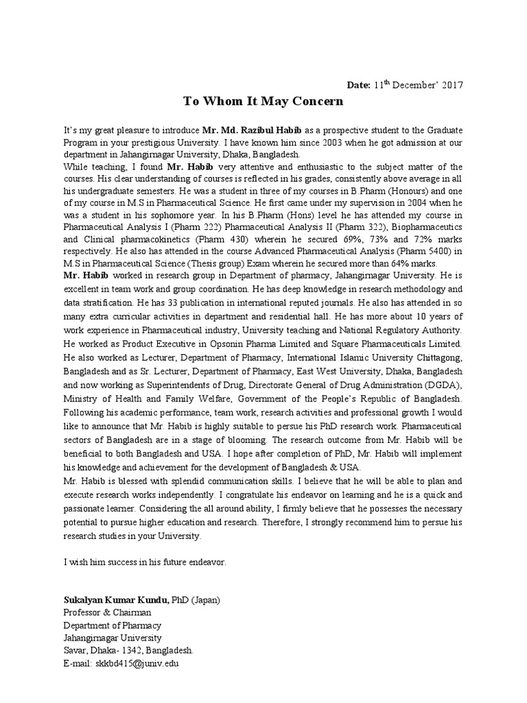 LOR by Professor Dr. Sukalyan Kumar Kundu | PDF | Cognition | Learning