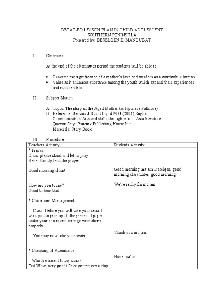 Detailed Lesson Plan in Child Adolescent | Download Free PDF | Lesson ...