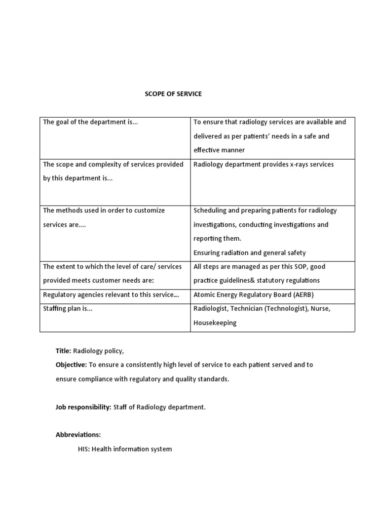 Scope of Service | PDF | Radiology | X Ray