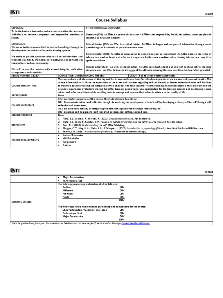 Syllabus and Course Outline - Understanding The Self | PDF | Self ...