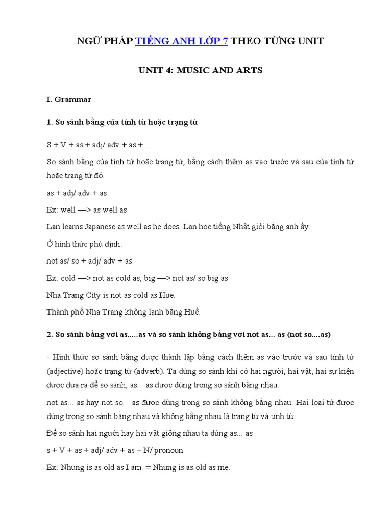 Ngu Phap Tieng Anh Lop 7 Chuong Trinh Moi Unit 4 Music and Arts | PDF