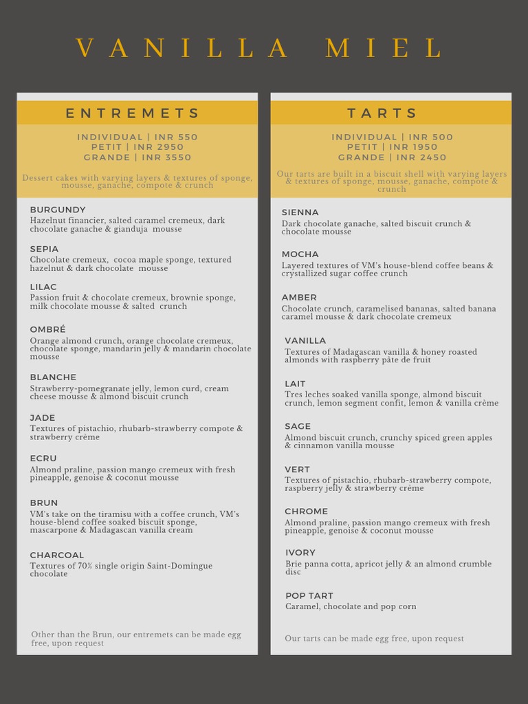 Vanilla Miel Menu | PDF | Chocolate | Fruit Preserves