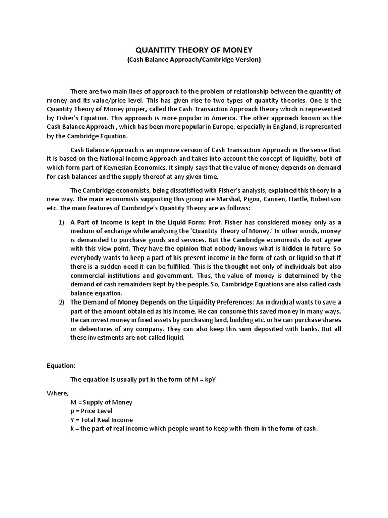 5 Cambridge Version of Quantity Theory of MOney | PDF | Quantity Theory ...