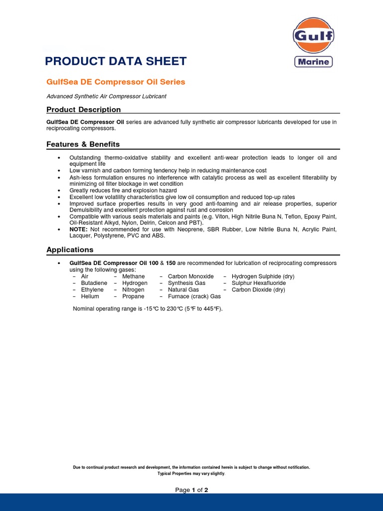 GulfSea DE Compressor Oil Series 100 | PDF | Paint | Lubricant