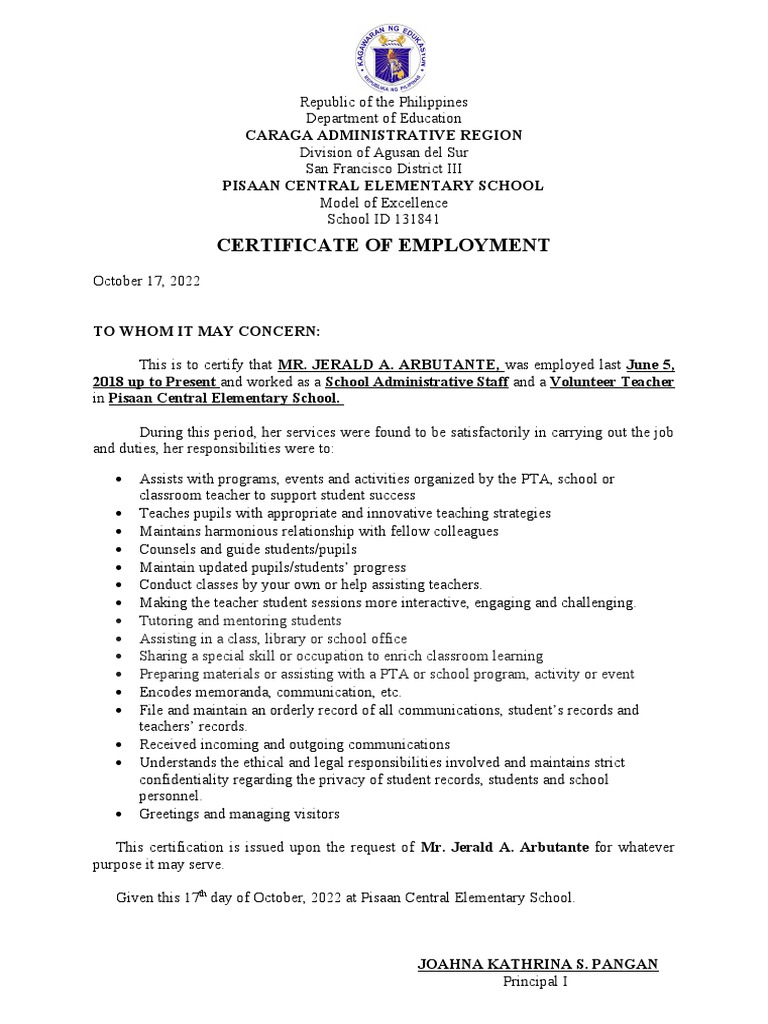 Certificate of Employment | PDF | Teachers | Learning