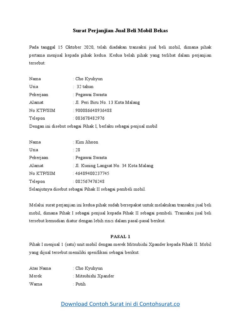 846 - Contoh Surat Perjanjian Jual Beli Mobil Bekas | PDF