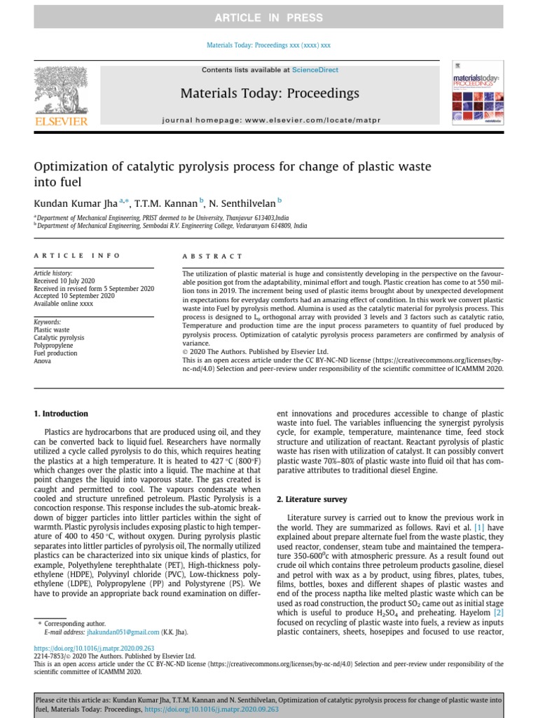 Optimization of Catalytic Pyrolysis Process For Change of Plastic Waste | PDF | Pyrolysis | Plastic