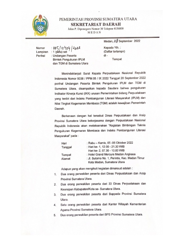 Undangan Peserta Bimtek Pengukuran IPLM Dan TGM Di Sumatera Utara | PDF