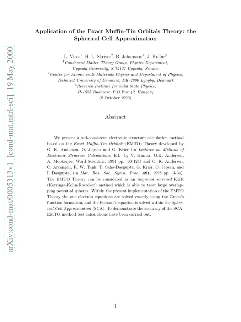 Application of The Exact Muffin-Tin Orbitals Theory | PDF | Sphere | Density Functional Theory